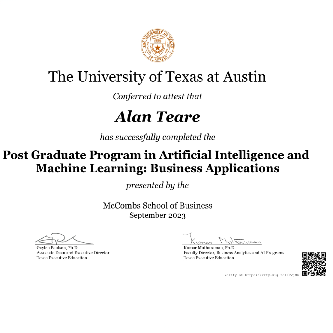 Post Grade Intelligence Artificial and Machine Learning